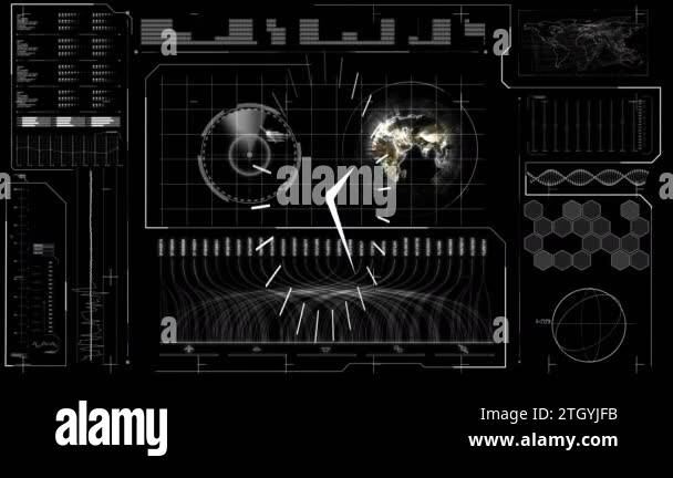 Ticking digital clock over interface with data processing against black ...
