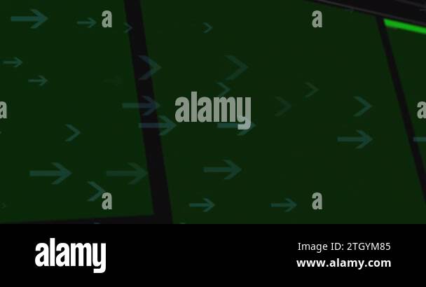 Animation of multiple arrow icons moving side wards over data processing against black ...