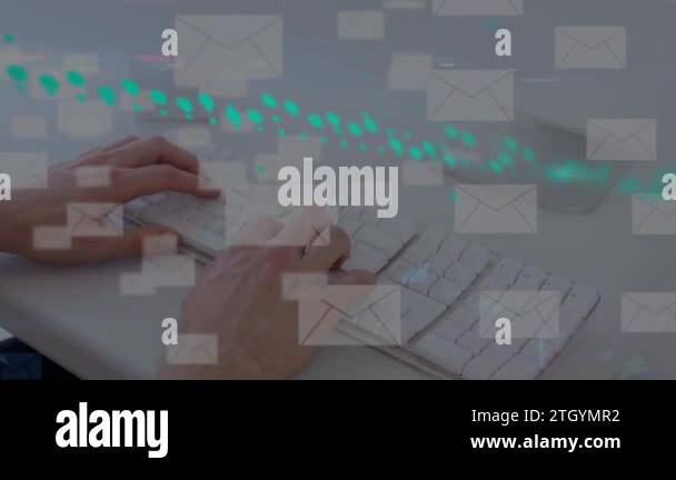 Animation of falling message icons over person using keyboard. Global connections, data ...