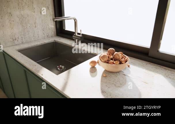 Kitchen room interior, close up counter top view with sink and faucet ...