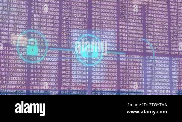 Animation of connected icons over changing numbers, programming language against abstract ...