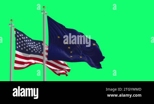 Alaska An Usa Flags Waving Isolated On A Green Background Alaska Flag Is Blue With Big Dipper