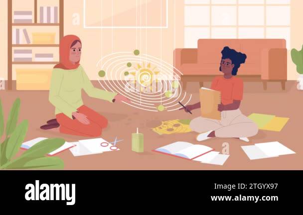 Animated helping with homework. Mom and child doing science project for ...