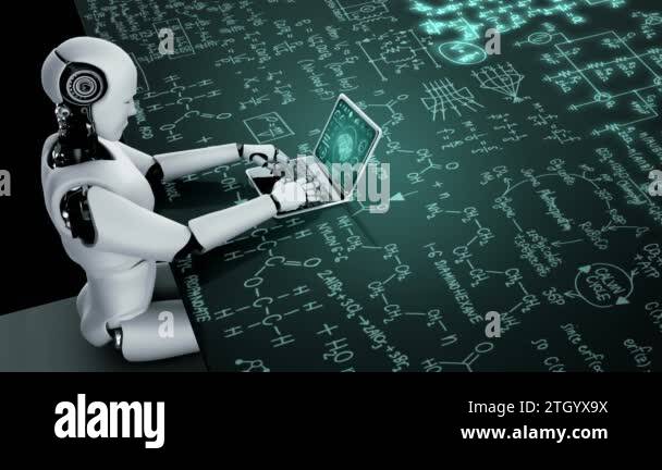 Robot hominoid use laptop and sit at table for engineering science studying using AI thinking ...
