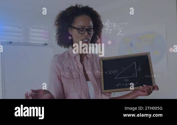 Animation of mathematical equations over african american female ...