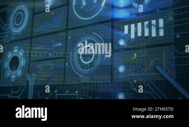 Animation of data processing over scopes scanning with cables of computer server. global ...