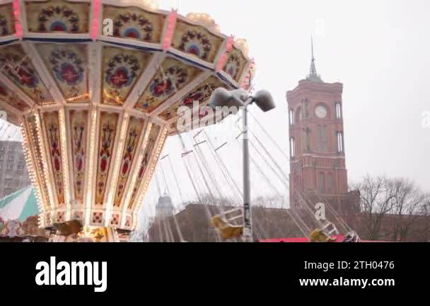 Amusement park, having fun, chained carousel. A happy carefree group of ...