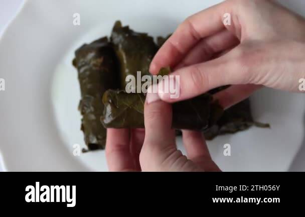 Womans hands unfold a roll of leaves. Pickled grape leaves rolled up in ...