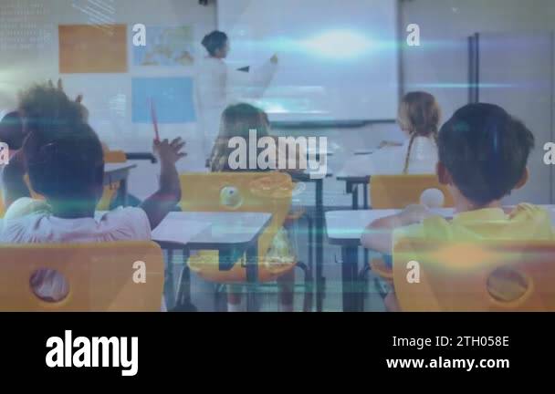 Animation of moving screens over diverse group of pupils with female ...