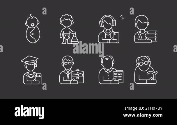 Animated men white line icons. Boyhood and adulthood. Loop HD video ...
