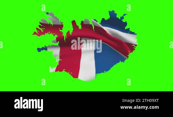 Iceland country shape outline on green screen with national flag waving ...