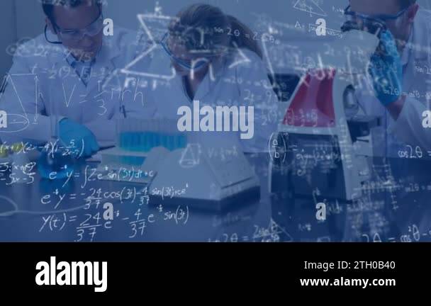 Animation of math formulas over diverse female and male lab workers ...