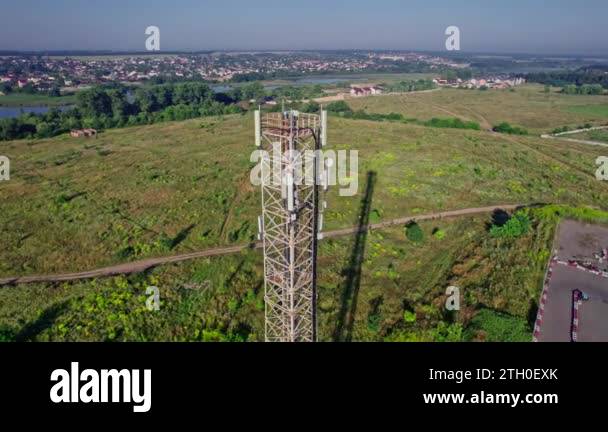 Telecom tower antennas and satellite transmits the signals of cellular 5g 4g mobile signals to ...
