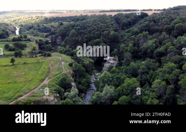 Drone shot Buk Canyon. Aerial view of a rocky canyon on the Gorny ...