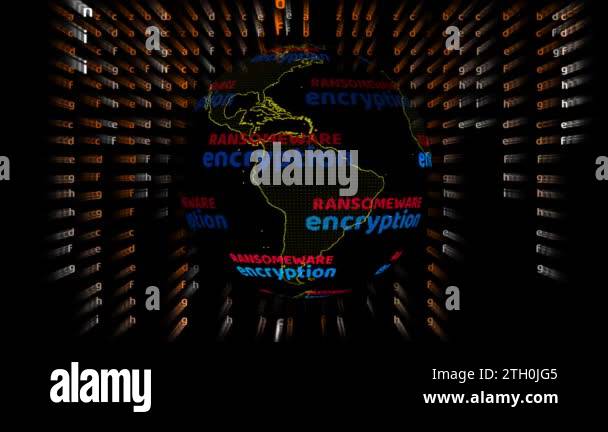 World map with ransomware encryption digital text rotating and alphabet matrix ray background ...