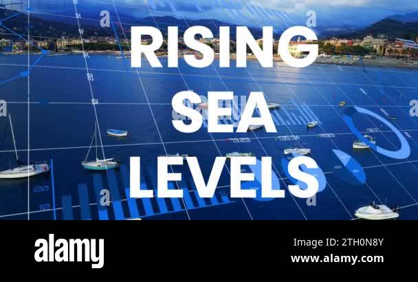 Animation of rising sea levels over financial graph and seascape ...