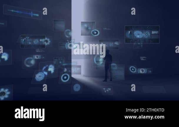 Animation of data processing with scope scanning over man silhouette and light trails. Global ...