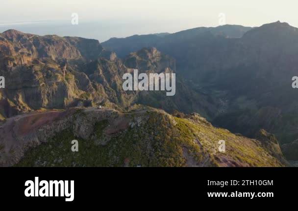 Gigantic drone aerial view over Pico Ruivo with a view of Pico do ...