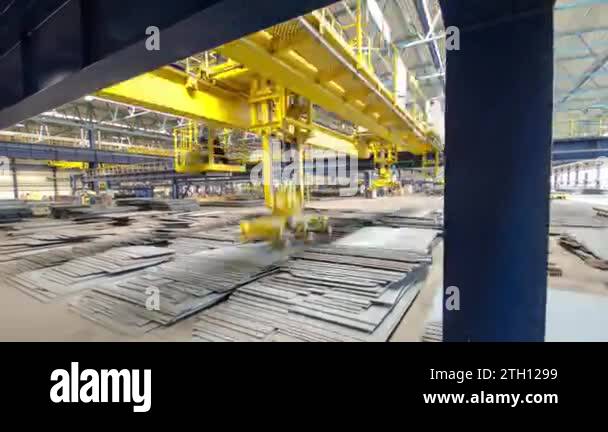 Factory workshop with lifting crane device timelapse hyperlapse, lift ...