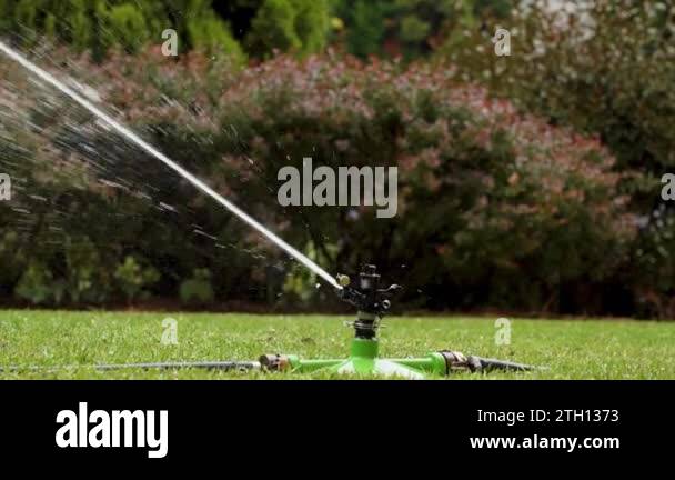 Automatic watering sprinkler sprays jets of water on green grass and ...