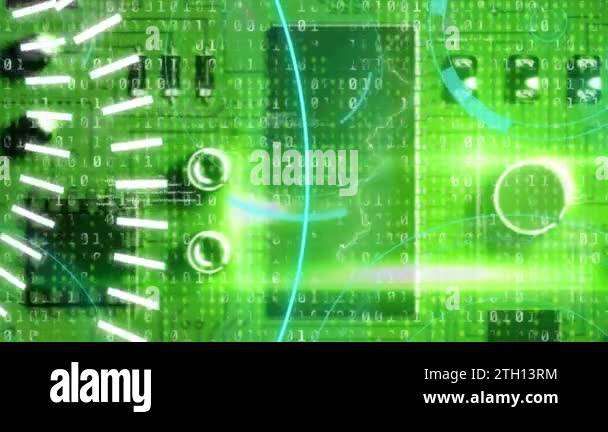Animation of 5g over binary code and motherboard in green. global network, data processing ...