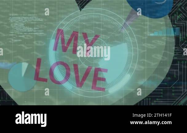Animation of data processing and scope scanning over my love text and computer circuit board ...