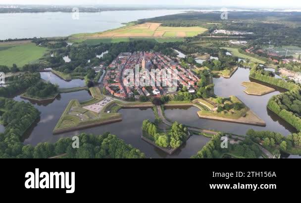 Fortified ancient old historic town of Naarden Vesting overhead aerial ...