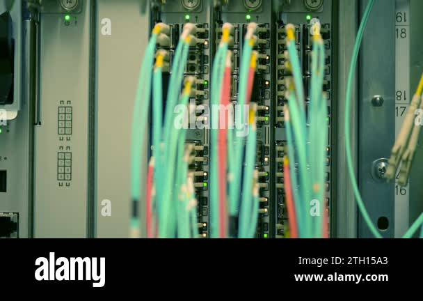 blinking LED lights in a server rack with RJ45 and fiber optic cable ...