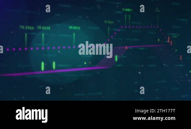 Animation of multiple graphs with changing numbers and dots moving over lens flares. Digitally ...