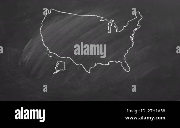 Map of USA with name and flag inside drawn in chalk on a blackboard ...