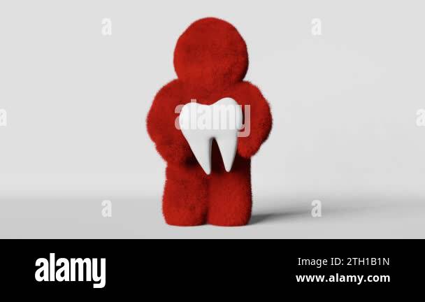 Furry Yeti monster holds red aching painful molar tooth 3D animation ...