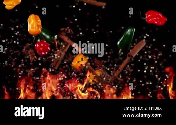Super Slow Motion of Flying Various Kind of Spices in Fire. Filmed on ...