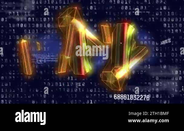 Animation of glowing yellow blocks rotating over binary code on navy background. data, network ...