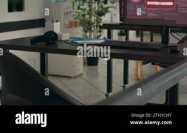 Empty Developing Office With Critical Error Message Flashing On Screens Dealing With Security
