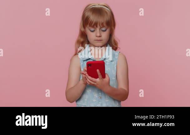 Young preteen child girl kid texting share messages content on ...