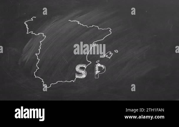 Map of Spain with name and flag inside drawn in chalk on a blackboard ...