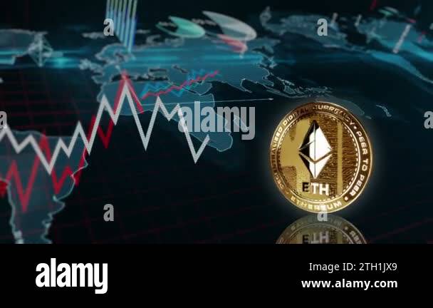 Ethereum ETH cryptocurrency golden coin turning over the chart. Price trend graph with growing ...