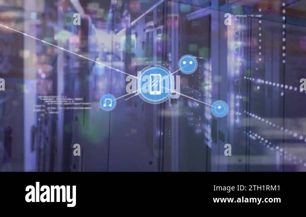 Animation of network of digital icons and digital icons floating ...