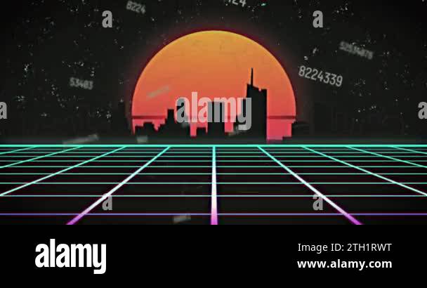 Animation of falling numbers over grid and cityacape. global connections, data processing and ...