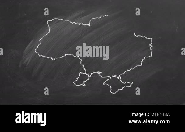 Country map and flag of Ukraine drawing with chalk on a blackboard. 4K ...