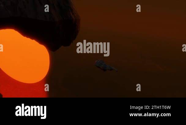 Realistic organic shapes of fjords illuminated by a large sunset sun ...