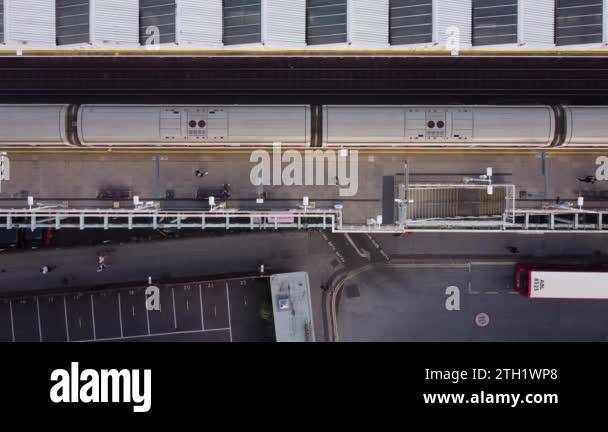A drone view of the London Skytrain platform from above. Detail view of ...