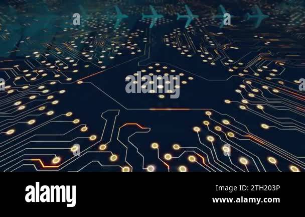 Digital animation of multiple airplane icons over microprocessor connections against blue ...