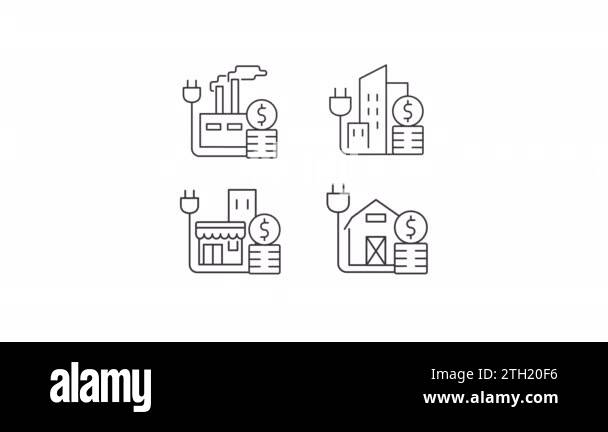 Animated power cost linear icons. Electricity for home and business ...