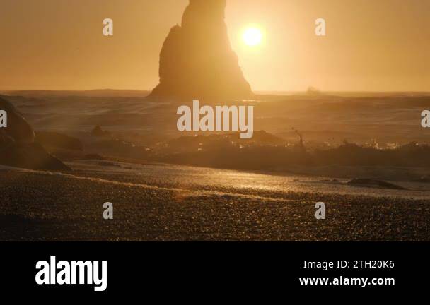 Vik Famous Black Sand Beach In Iceland, Sunset over Volcanic Cliffside ...