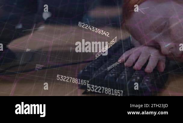Animation of digital data processing over girl sleeping on keyboard ...
