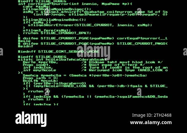 A list of instructions, scrambled source code text from public domain projects, scrolling on a ...
