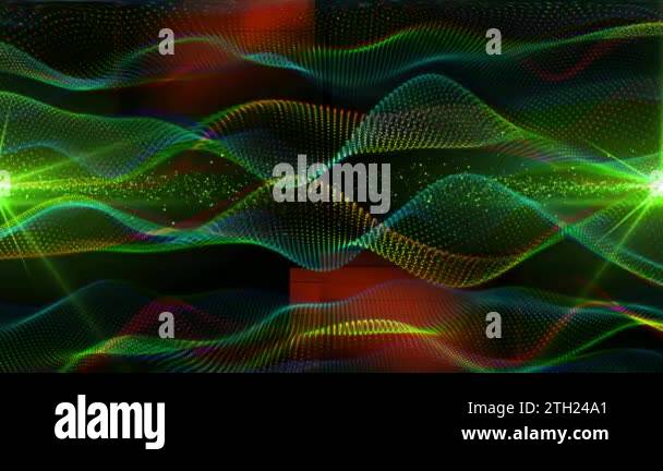 Animation of green lights and particles over 3d mesh spirals floating ...