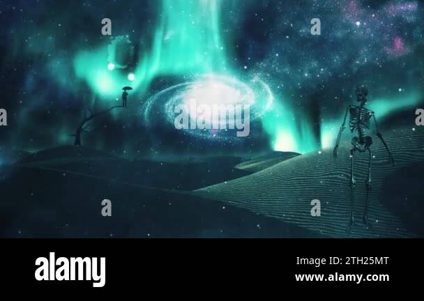 Surreal white desert. Man with red umbrella stands on a dry tree ...