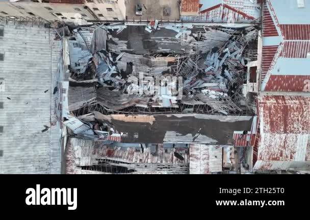 Abandoned building destroyed in natural disaster. American downtown ...